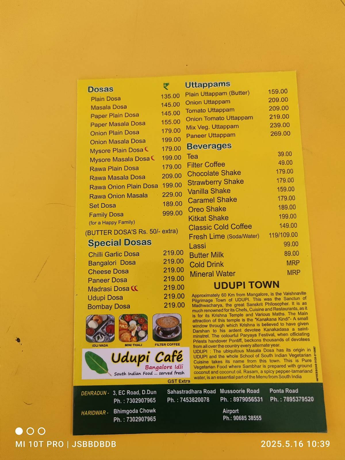 Menu at Udupi Cafe North India, Dehradun