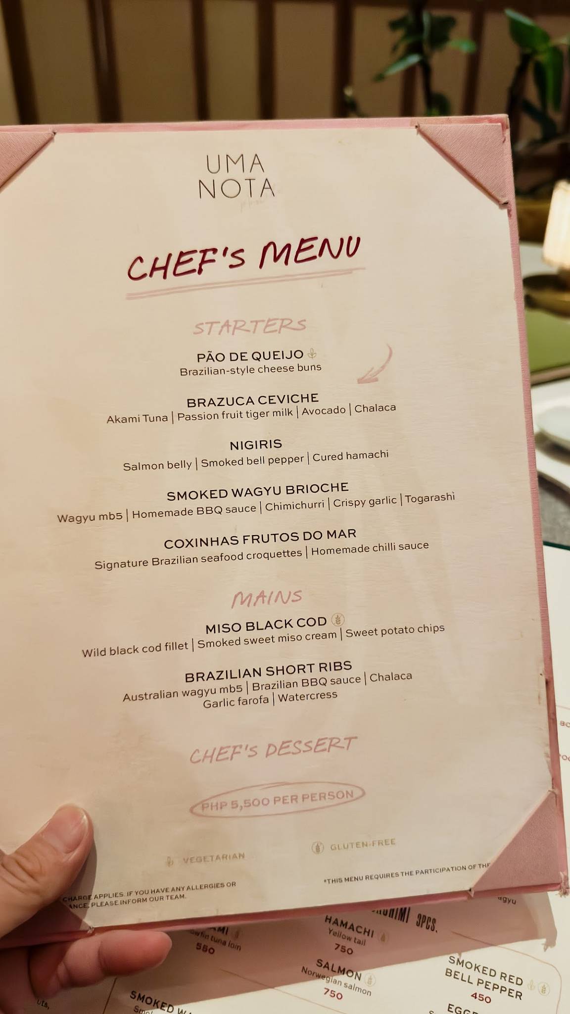 Menu at Uma Nota Manila restaurant, Taguig