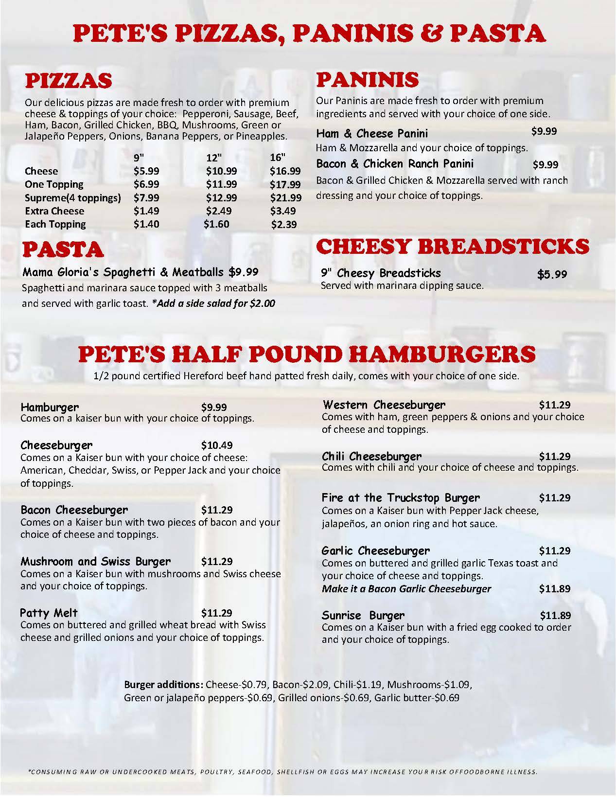 Menu at Uncle Pete's Restaurant, Lebanon