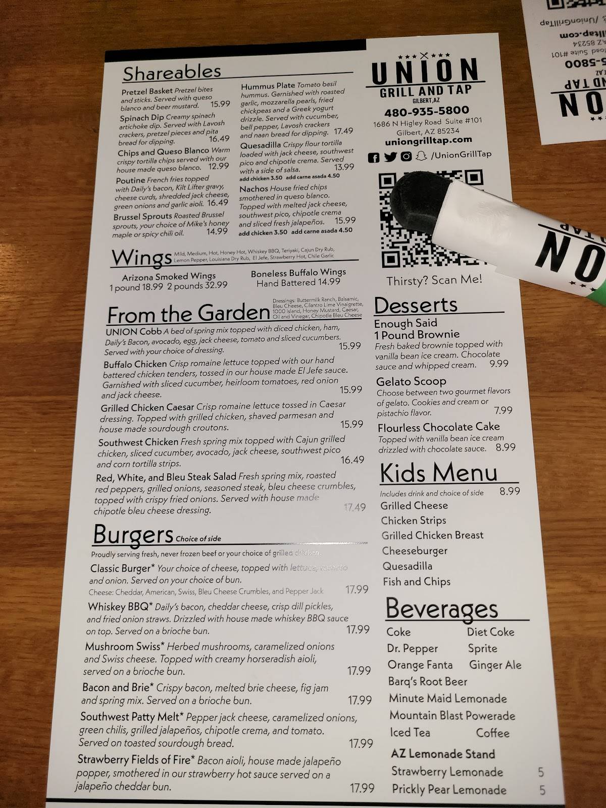 Menu at Union Grill and Tap restaurant, Gilbert