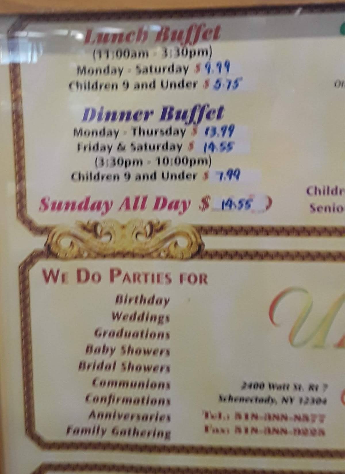 Menu at United Buffet restaurant, Schenectady