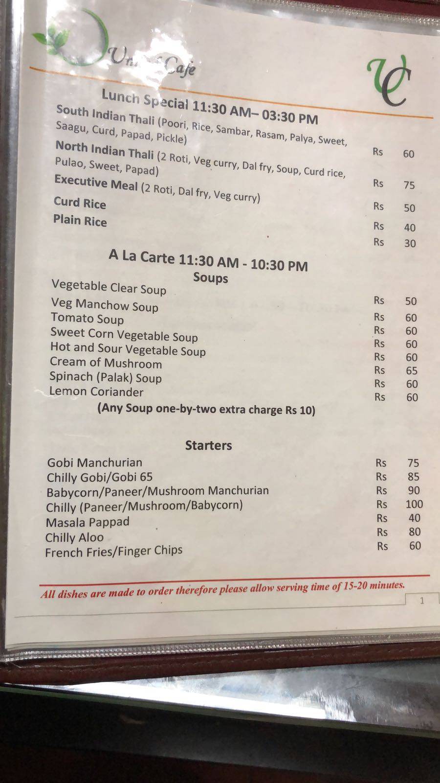 Menu at United Cafe, Mysuru