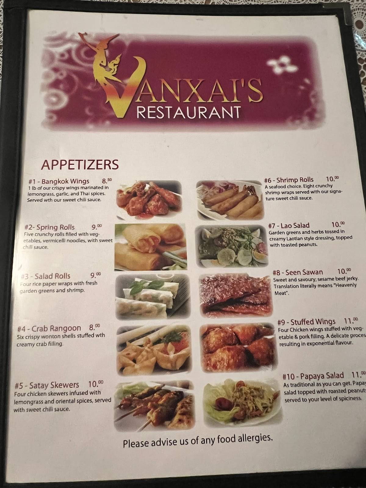 Menu at Vanxai's Restaurant, Winnipeg