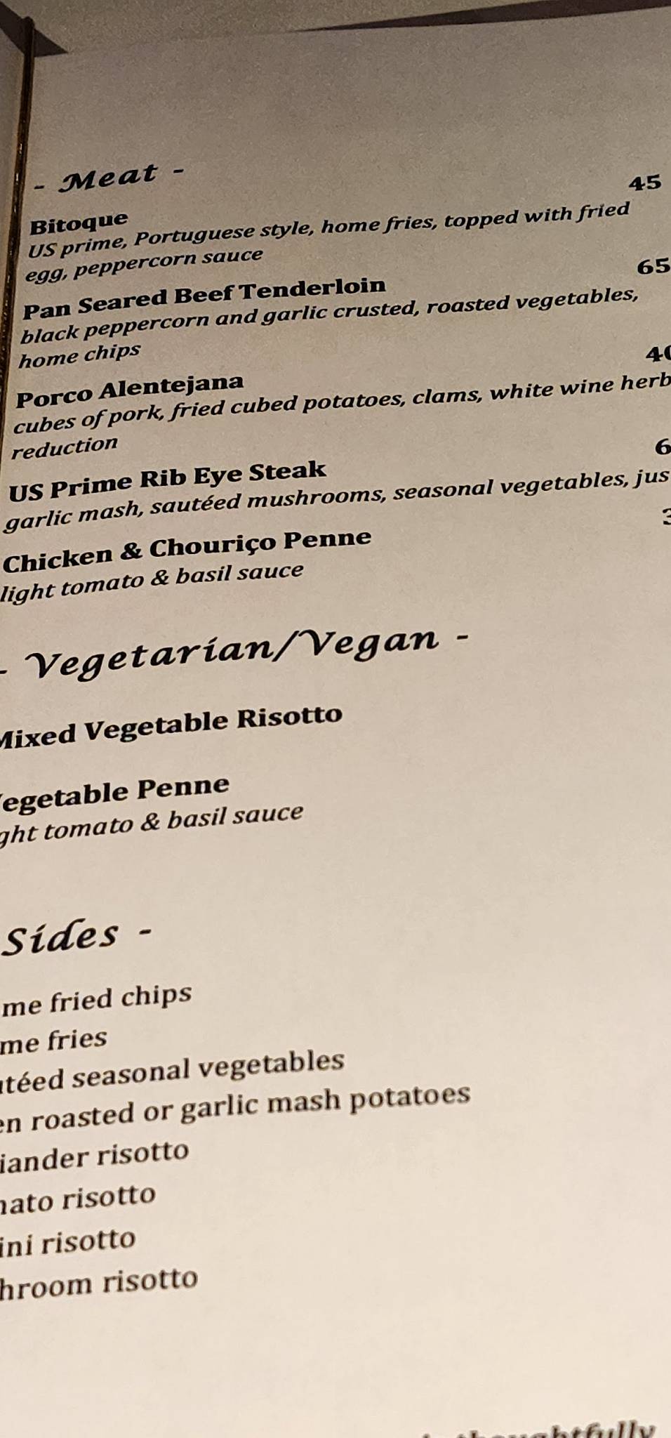 Menu at Via Norte Restaurant, Toronto