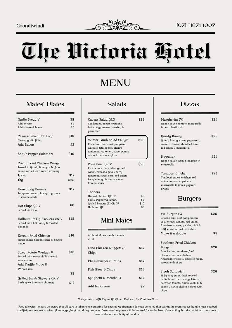 Menu at Victoria Hotel restaurant, Goondiwindi
