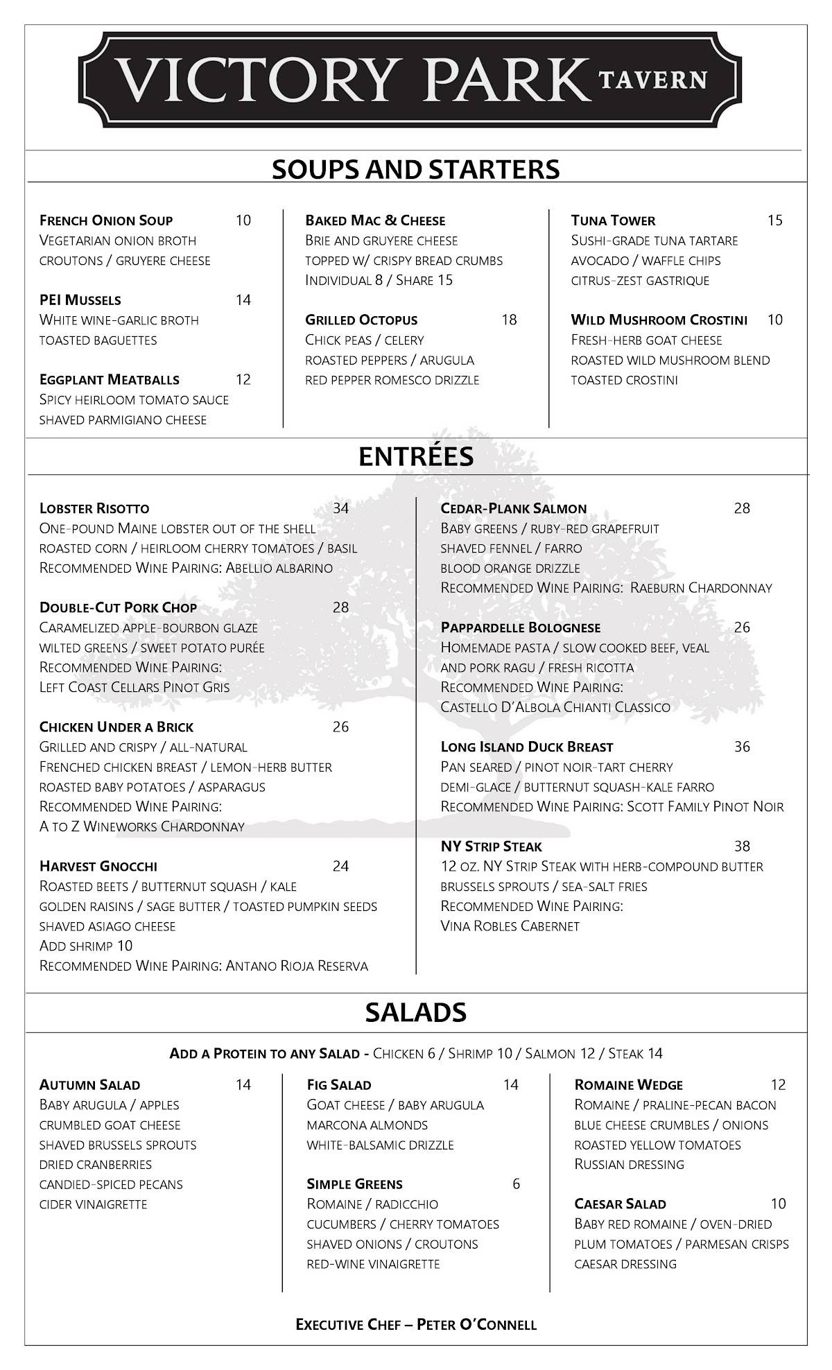 Menu at Victory Park Tavern restaurant, Rumson