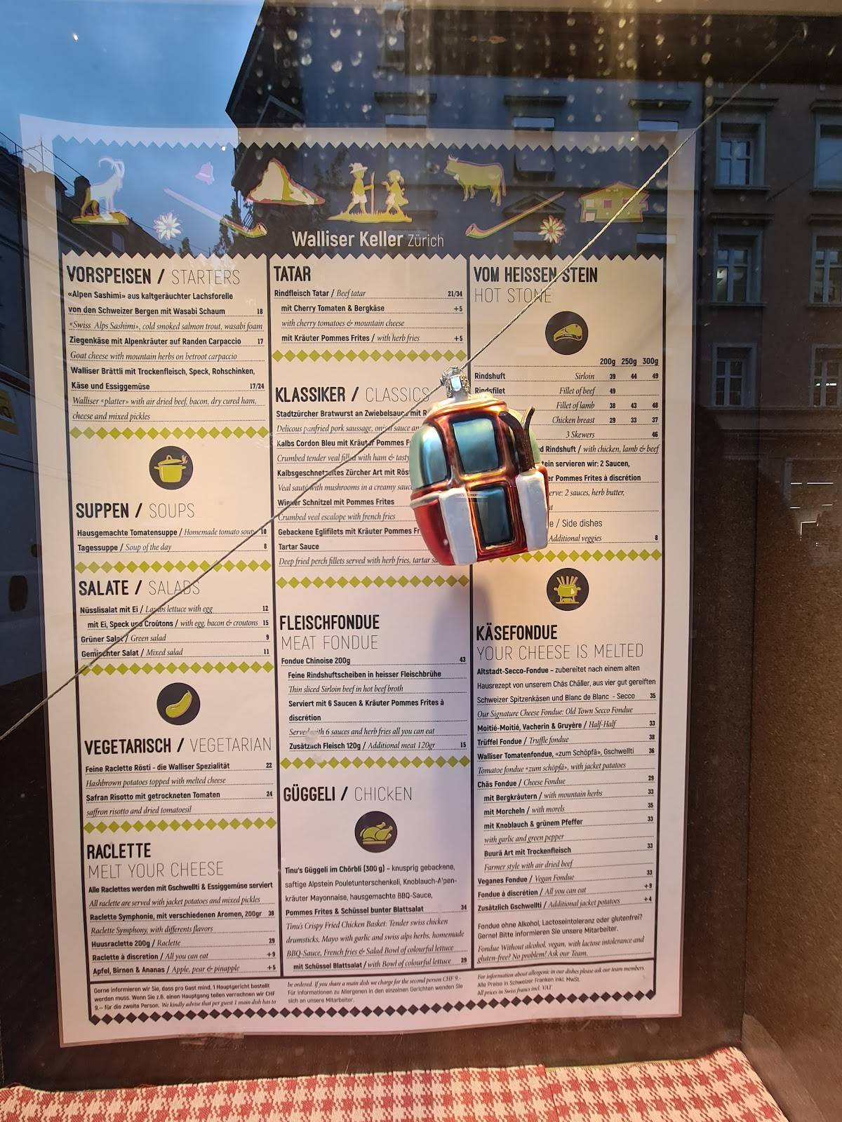 Menu at Walliser Keller, Zürich