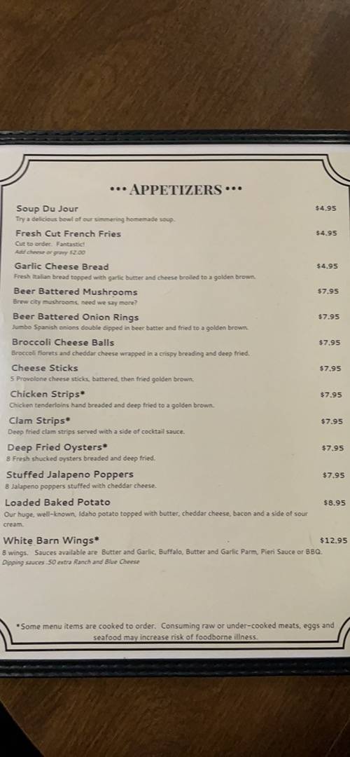 Menu at Whitebarn Supper Club, Dunlevy