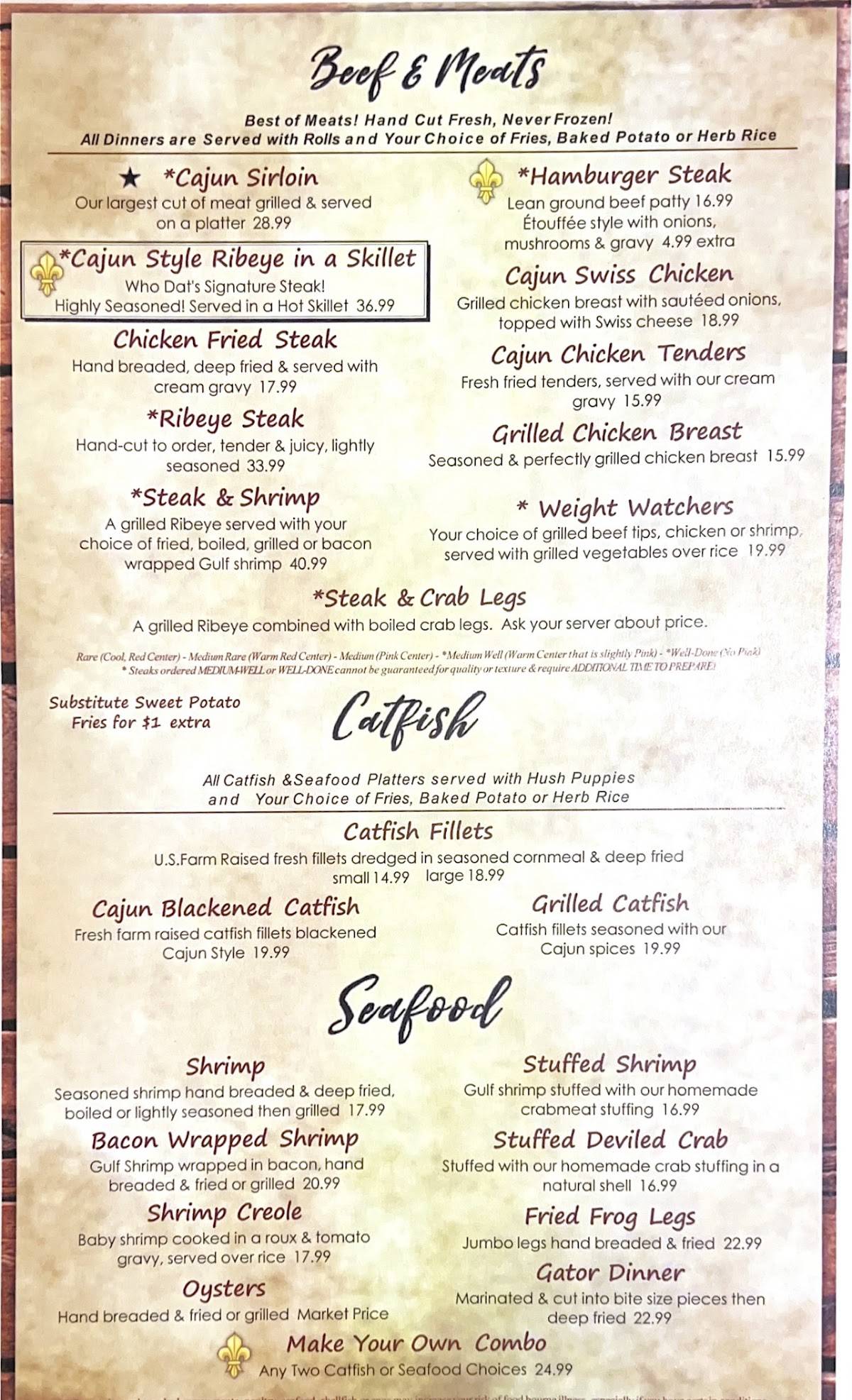 Menu at Who Dat's Cajun Restaurant, Bald Knob