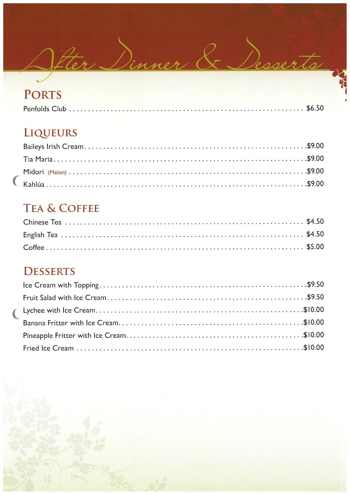 Menu at Yangtze Chinese Restaurant, Blackwood