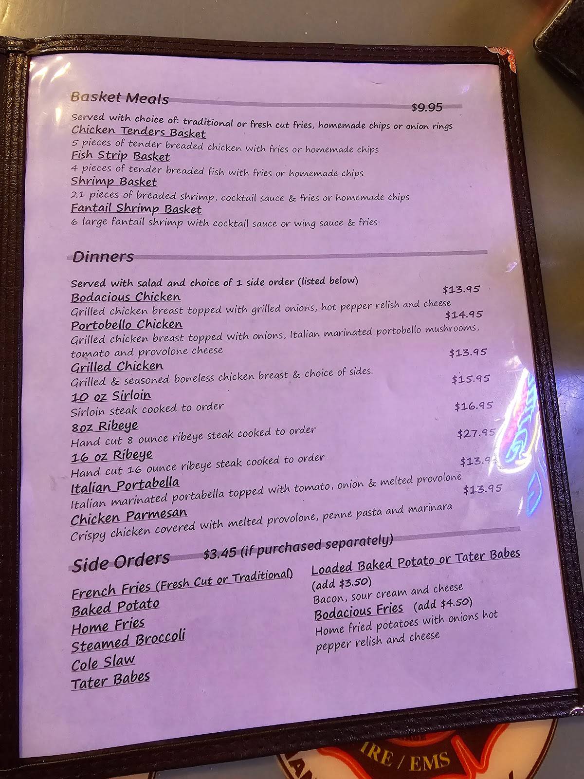 Menu at Yankee Lake restaurant, Yankee Lake