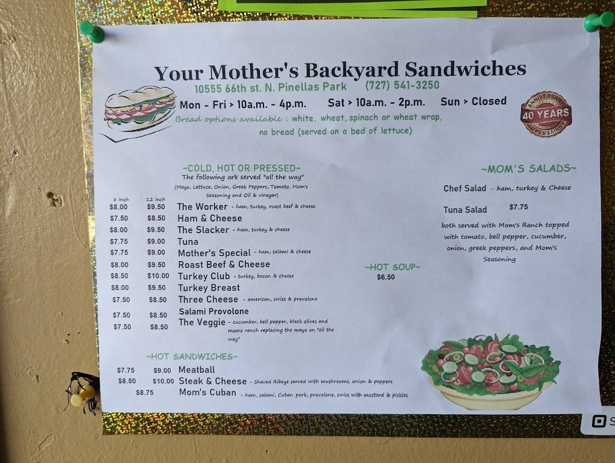 Menu at Your Mothers Back Yard restaurant, Pinellas Park, 66th St N A