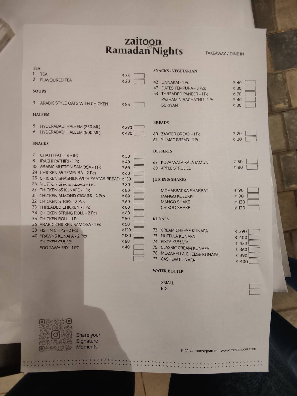 Menu at Zaitoon Signature, Chennai