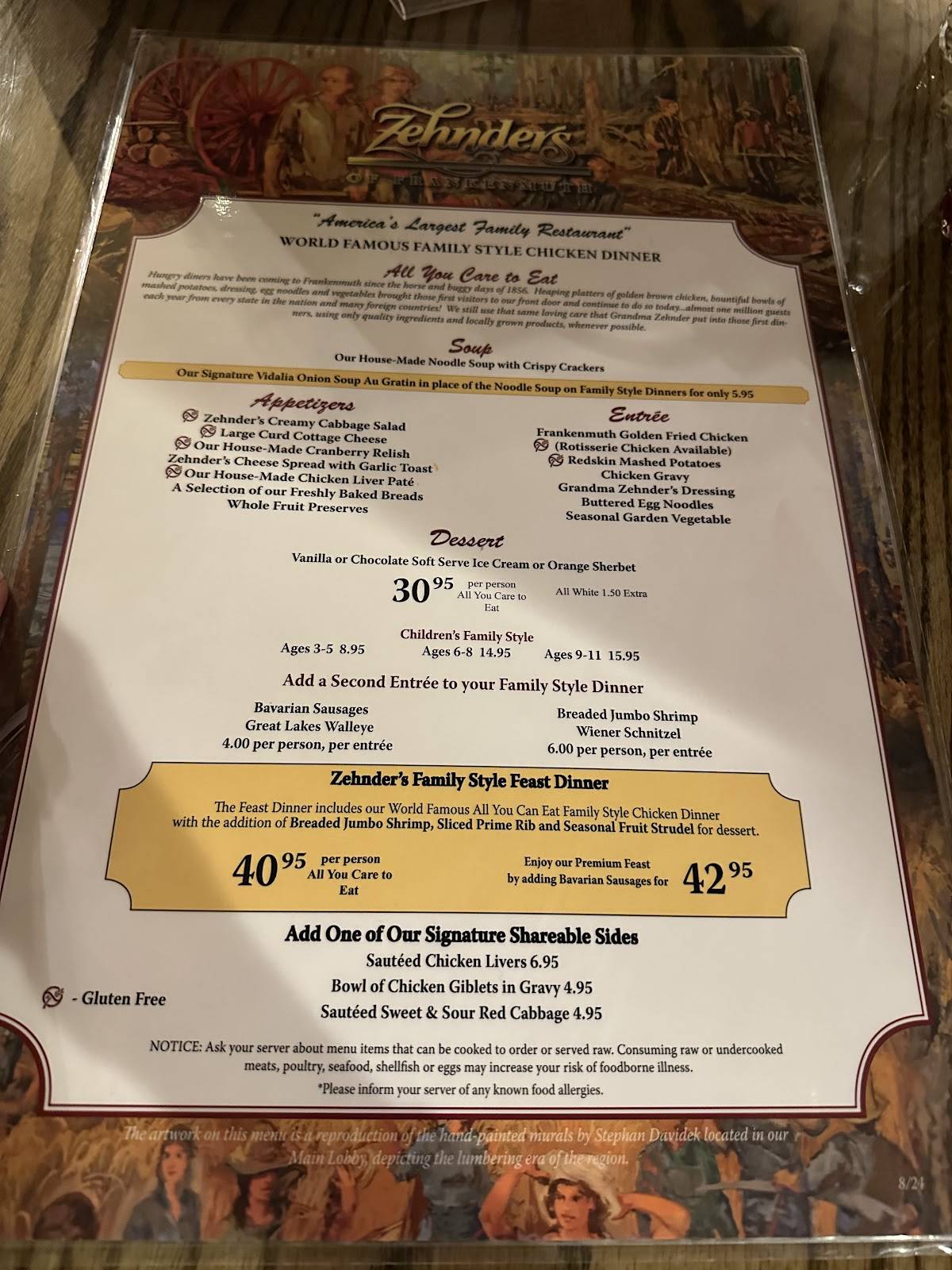 Menu at Zehnder's of Frankenmuth restaurant, Frankenmuth