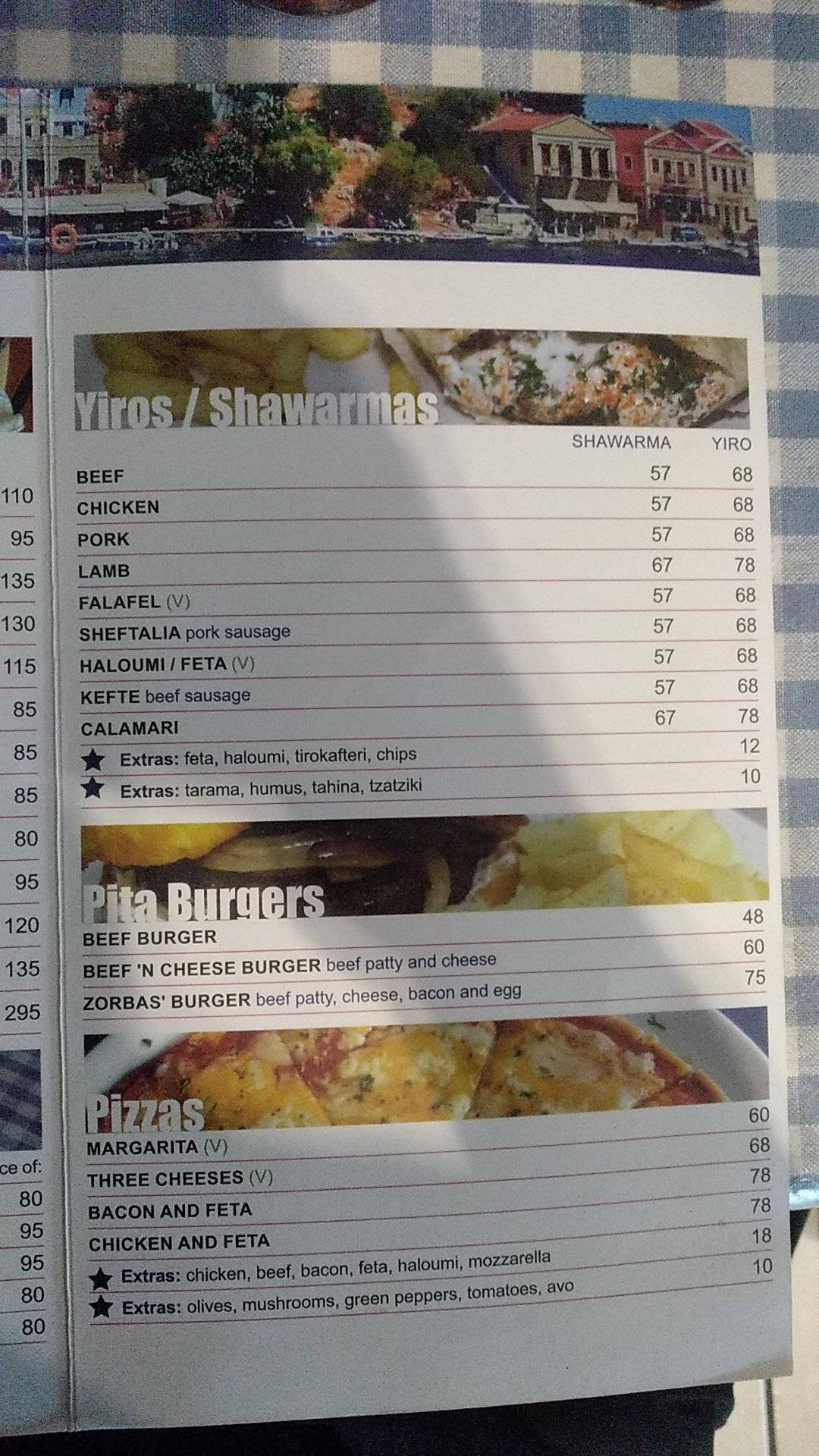 Menu at Zorbas Taverna restaurant, Boksburg