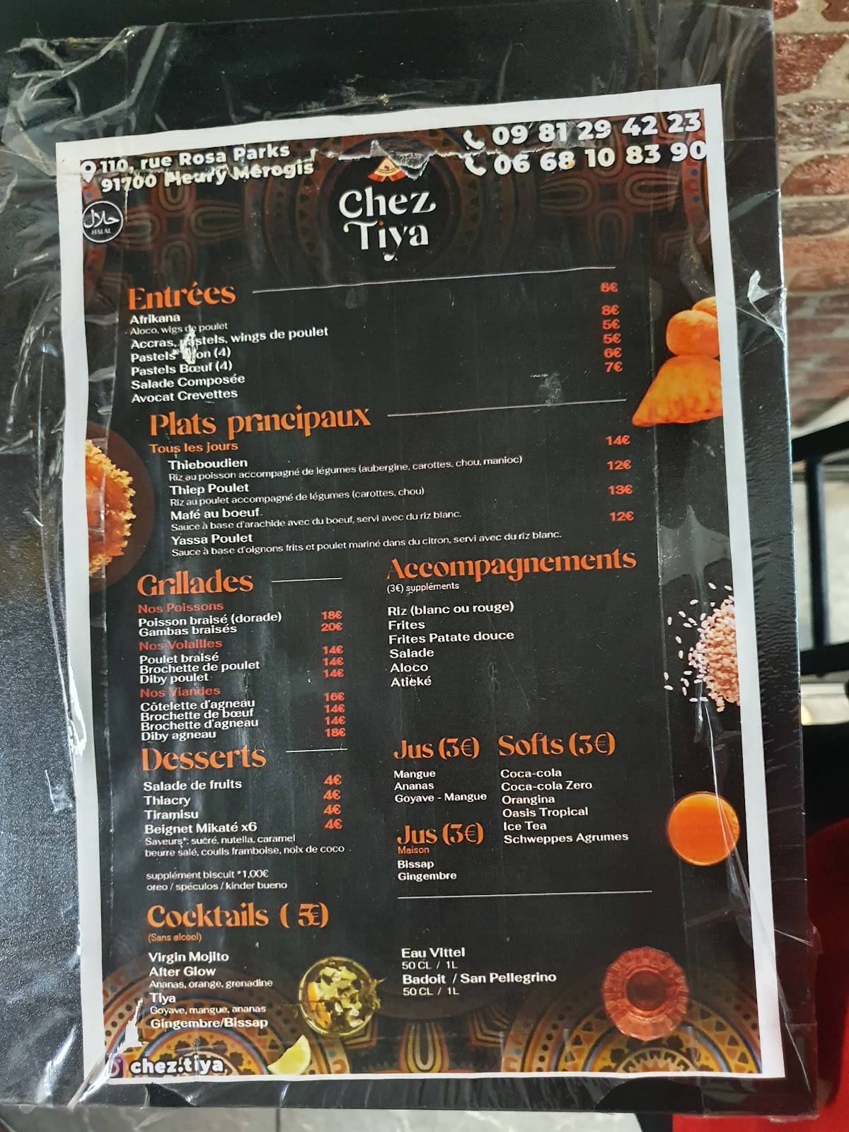 Menu au Restaurant africain Chez Tiya, Fleury-Mérogis