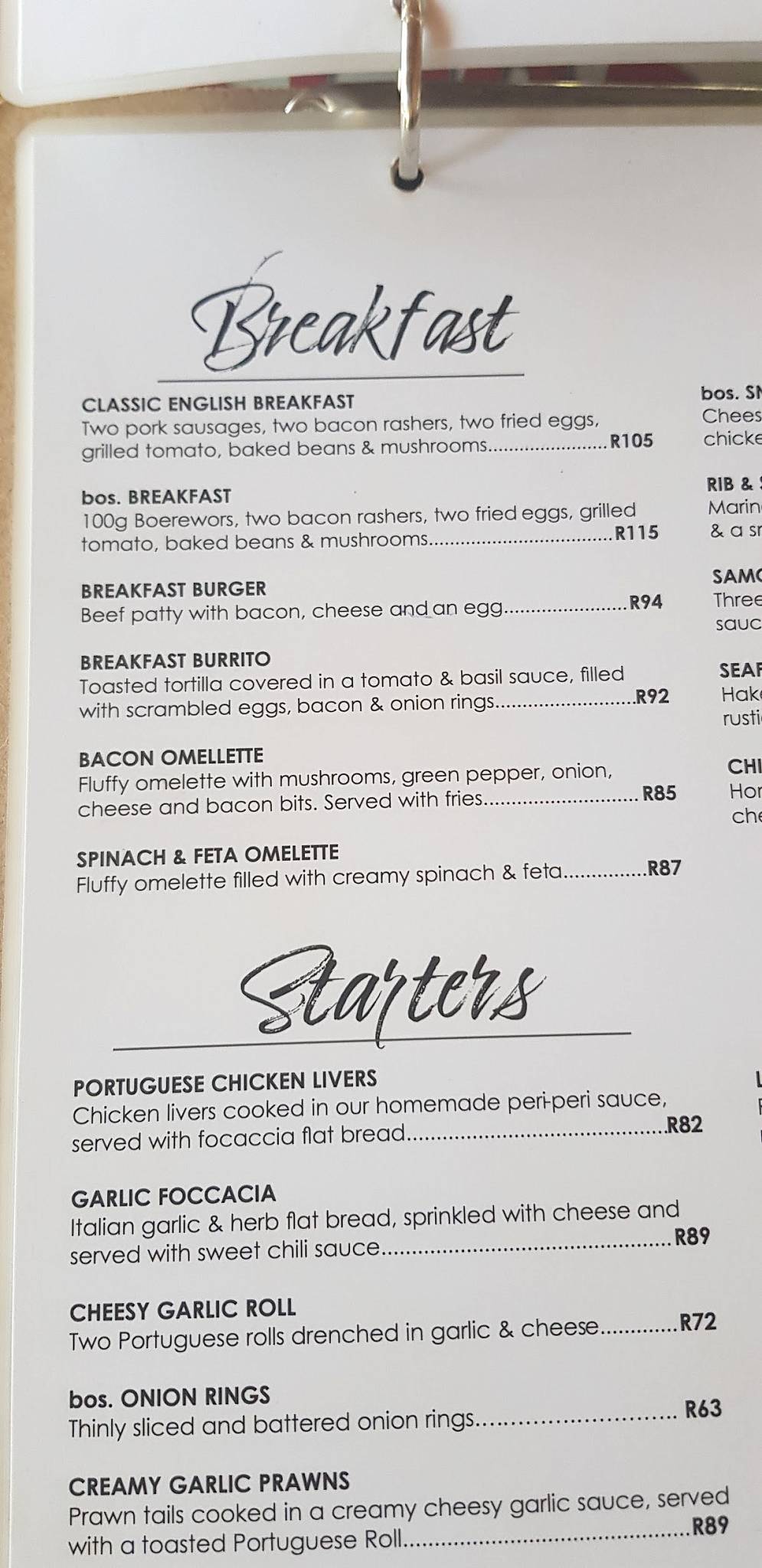Menu at bos. Restaurant & Bar, Marloth Park