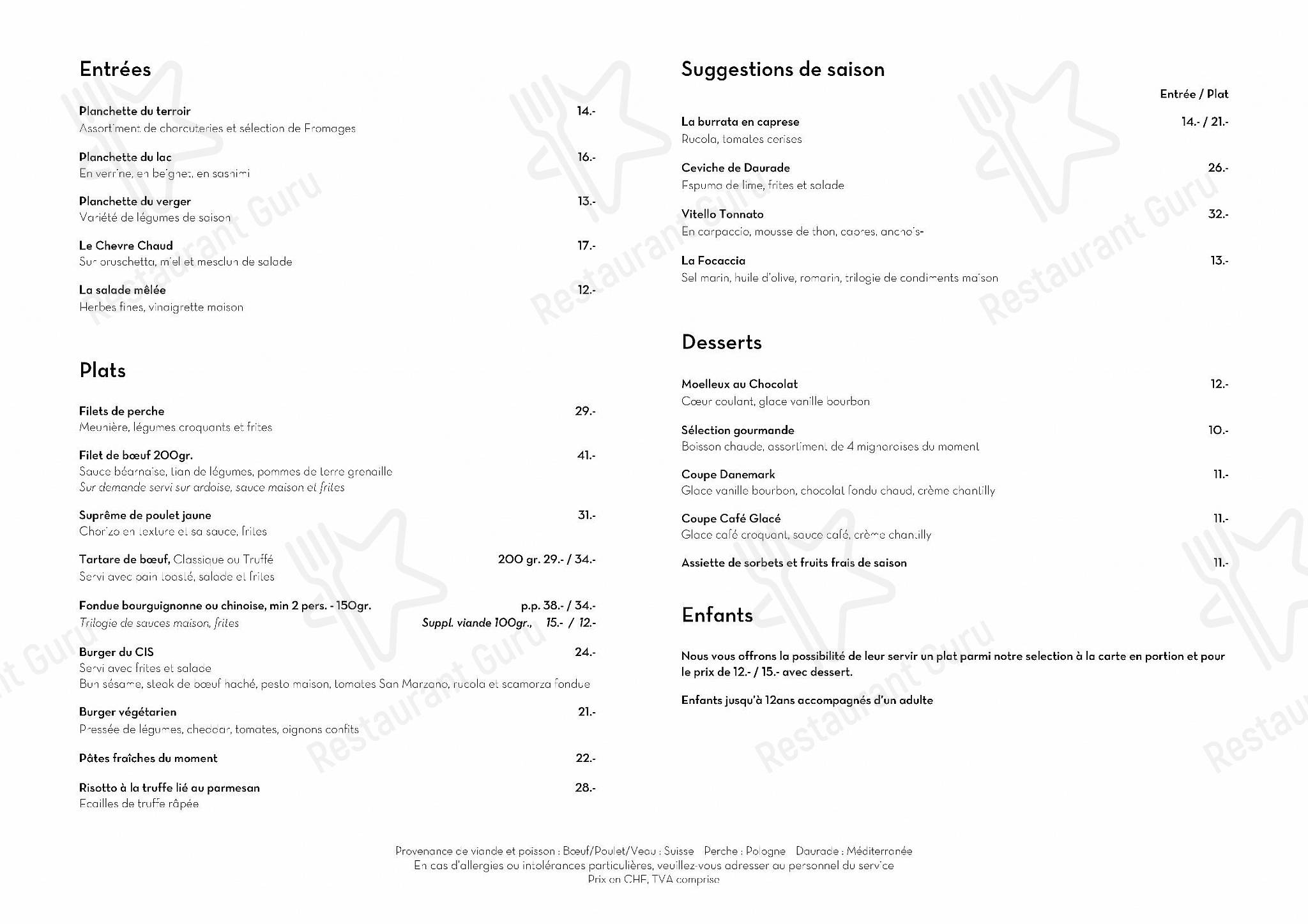 Menu au Restaurant du CIS, Marin-Epagnier, Rte des Marais 10