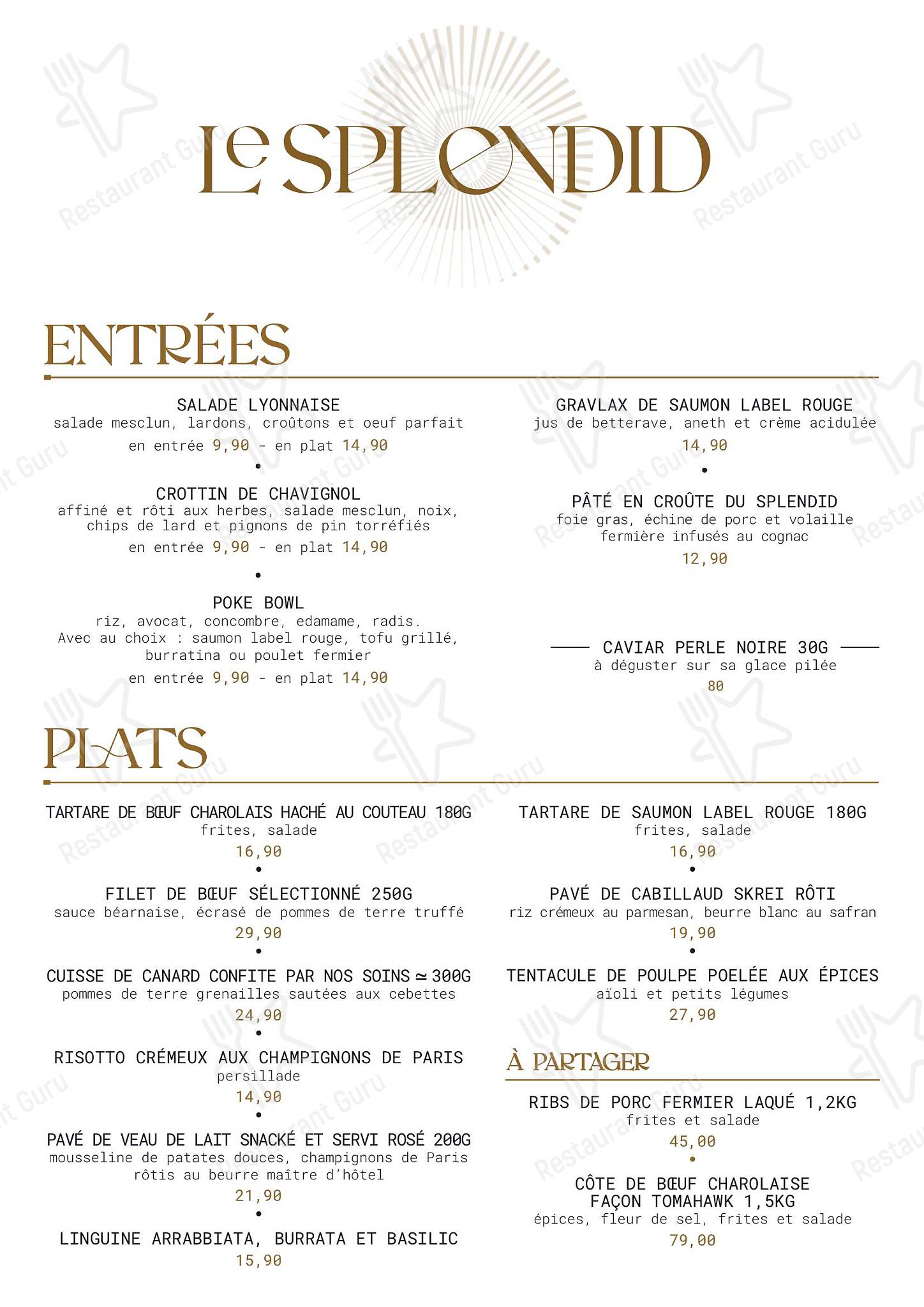Menu au Restaurant le Splendid Lyon, Lyon