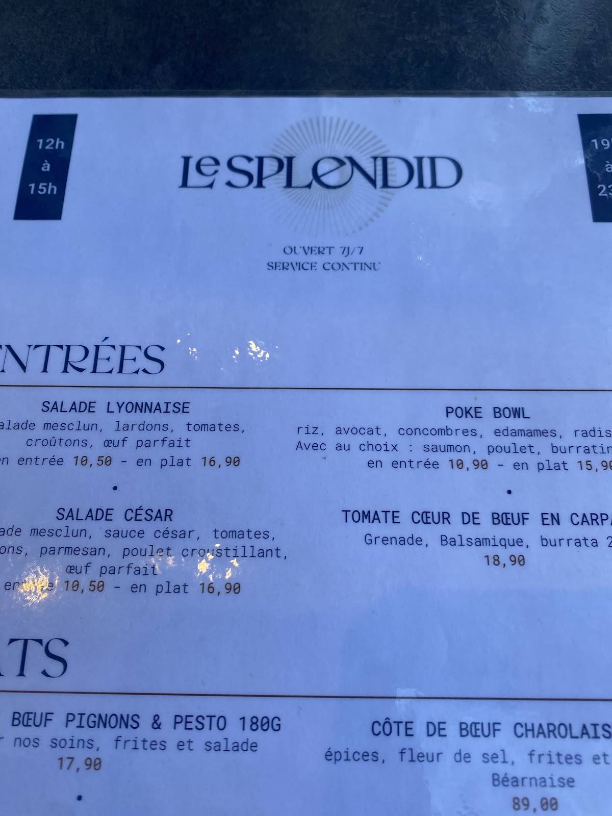 Menu au Restaurant le Splendid Lyon, Lyon