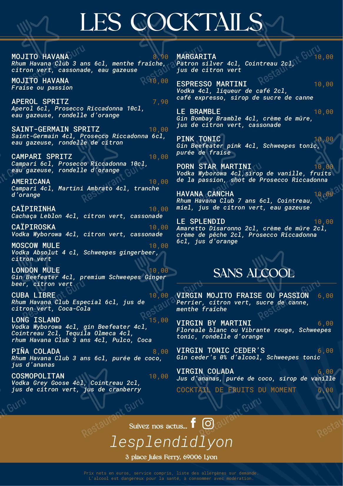 Menu au Restaurant le Splendid Lyon, Lyon