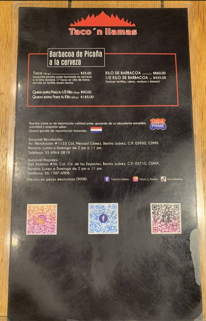 Menu at taco 'n llamas restaurant, Mexico City