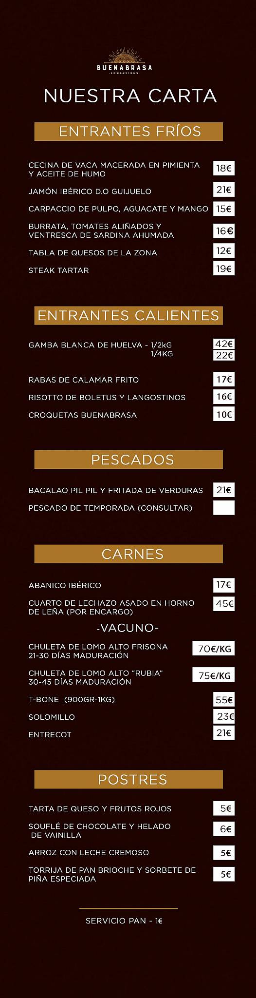 Carta de Restaurante Buena Brasa, Valladolid