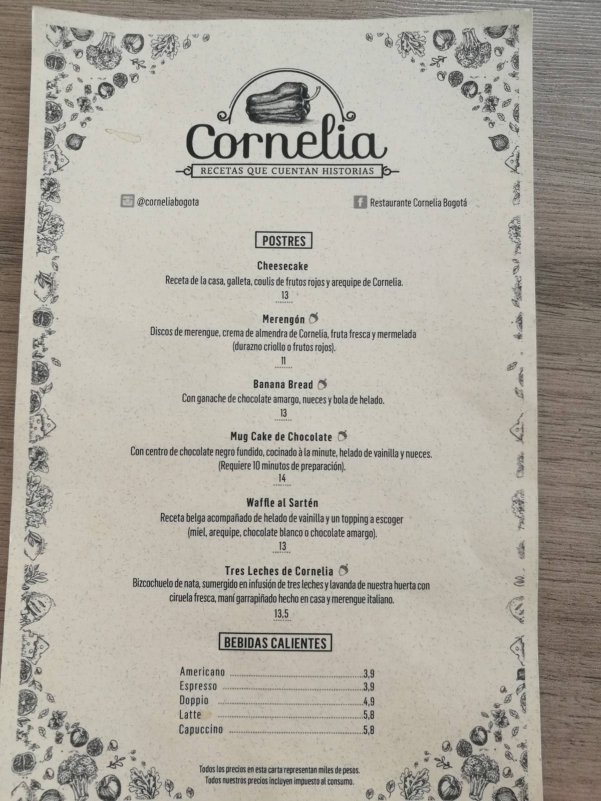 Menu at Restaurante Cornelia, Bogotá, Cra. 9a #98 03
