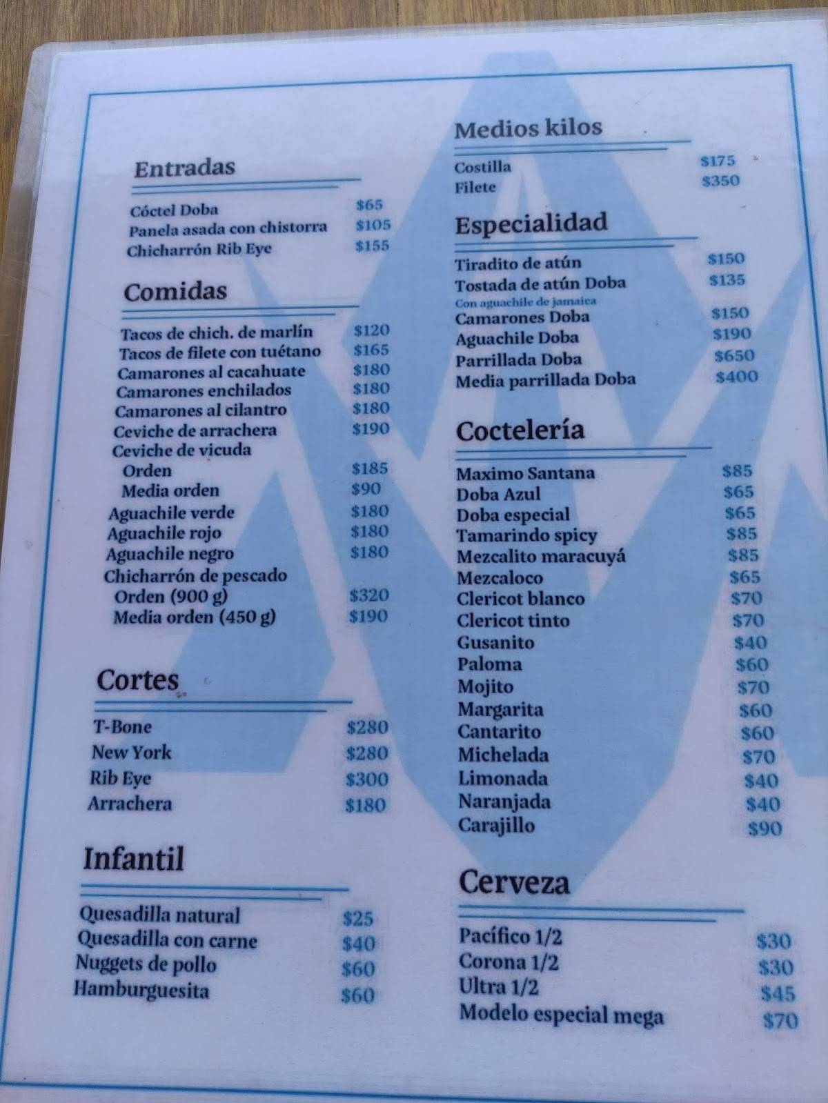 Carta de Restaurante Doba azul, Tepic