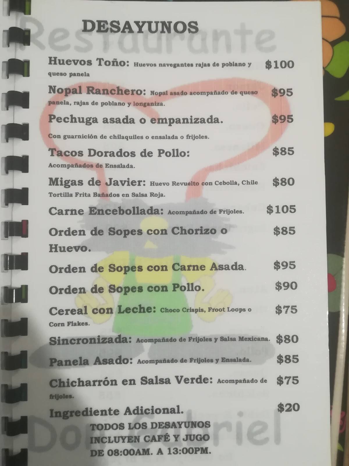 Carta de Restaurante Don Gabriel, Ciudad de México, C. Gral. José Morán 93