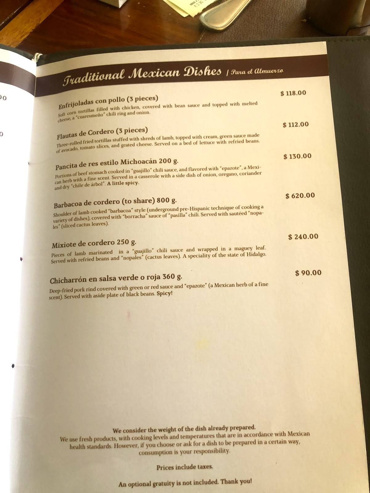 Carta del restaurante El Cardenal del San Ángel, Ciudad del México, Av ...