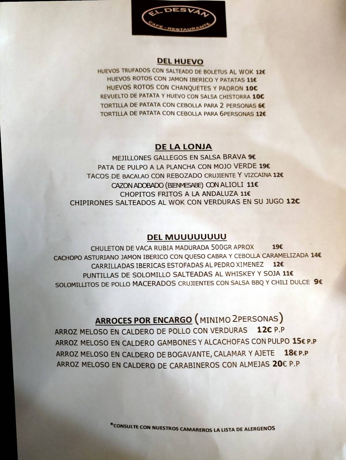 Carta de Restaurante El Desván, Madrid, C. de Aquitania
