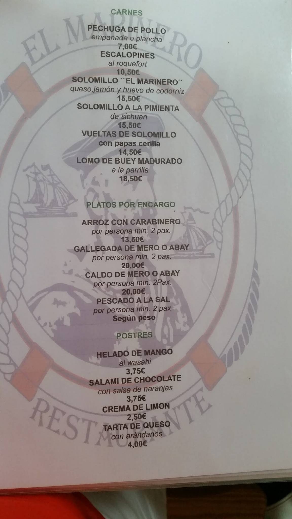 Carta de Restaurante El Marinero, Caleta del Sebo