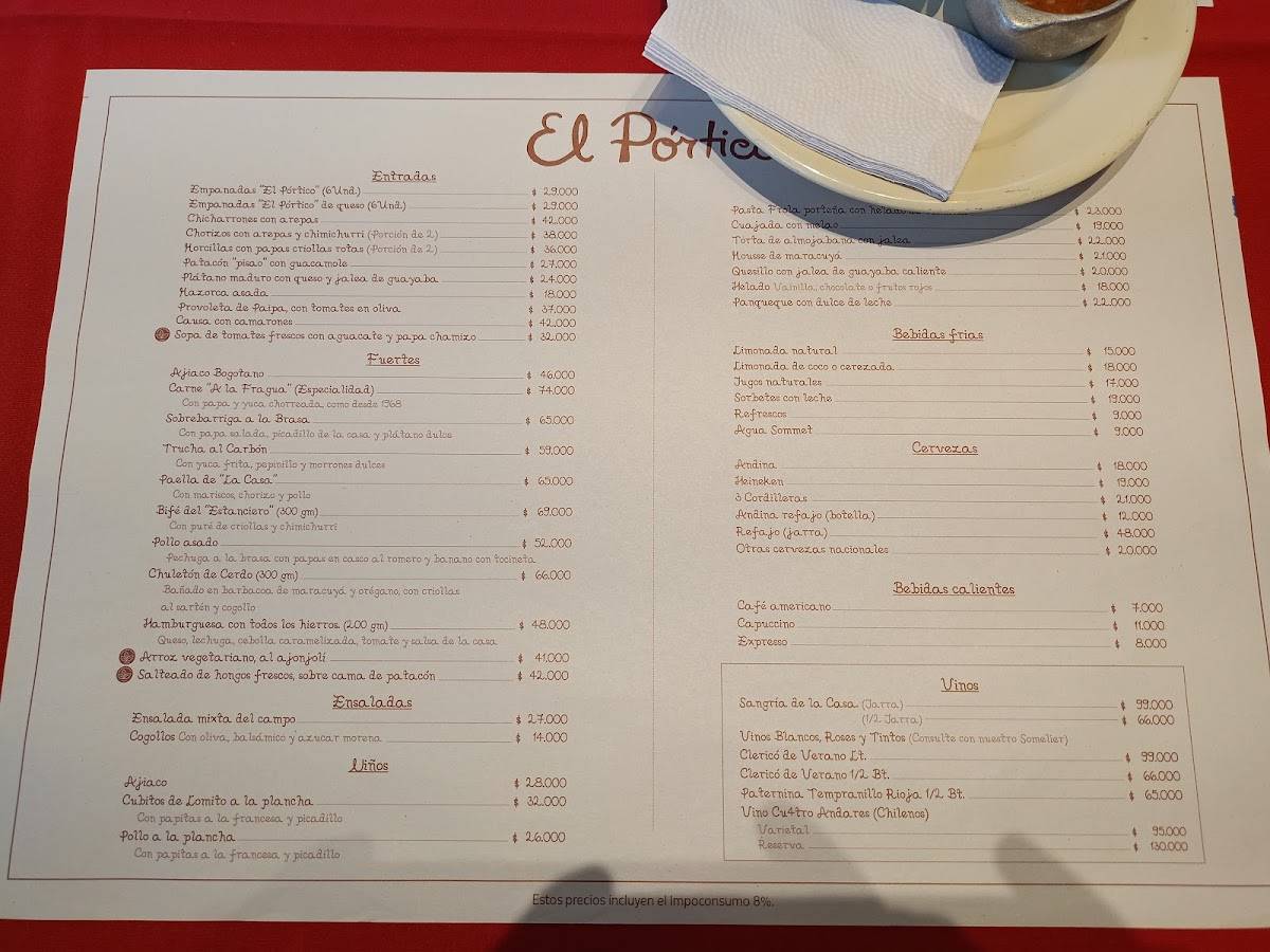 Menu at Restaurante El Portico, Chía