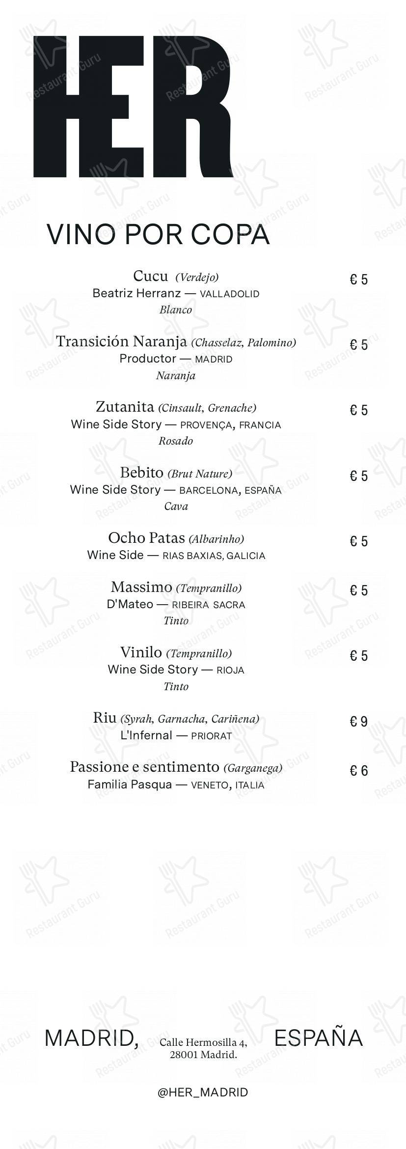 Carta de Restaurante Her, Madrid