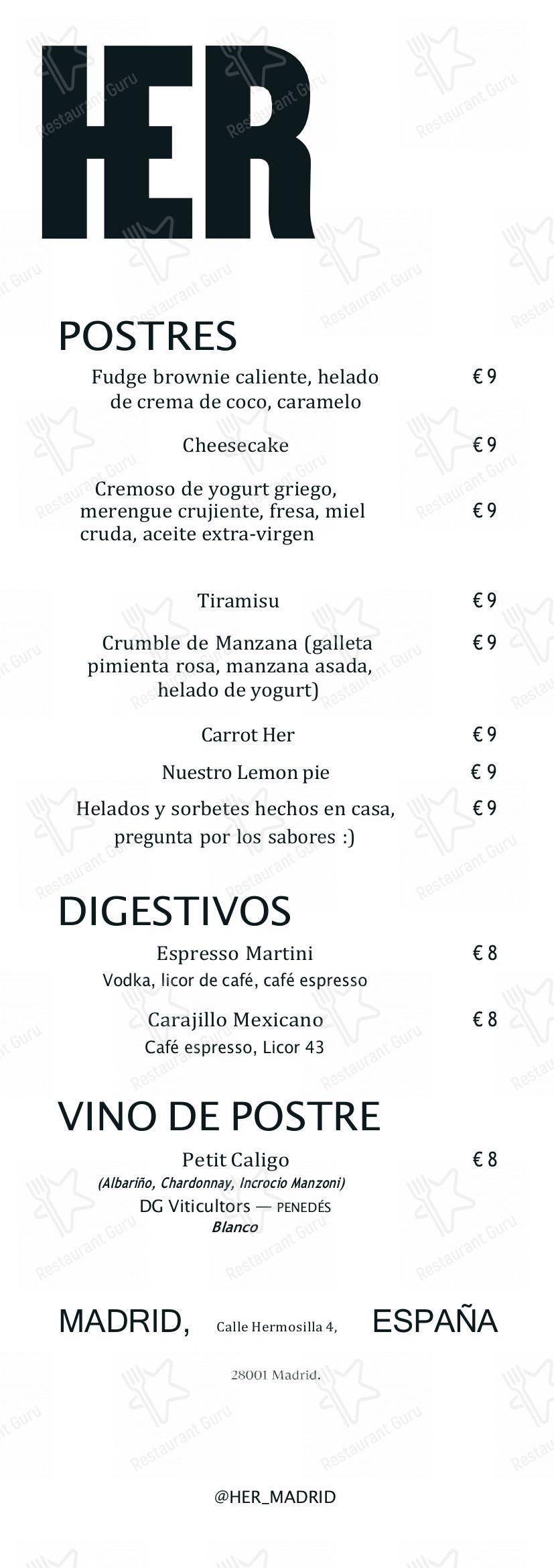 Carta de Restaurante Her, Madrid