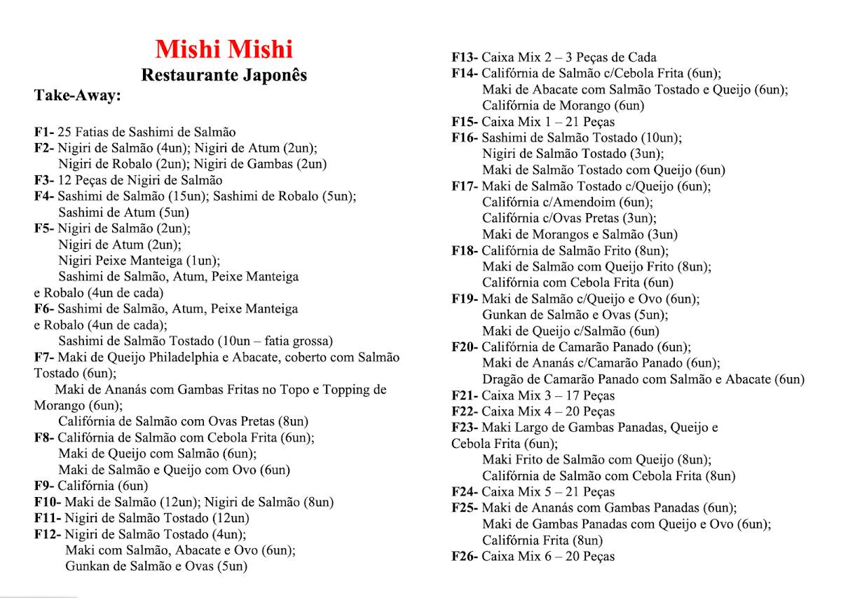 Carta de Mishi Mishi - Restaurante Japonês, Caldas da Rainha