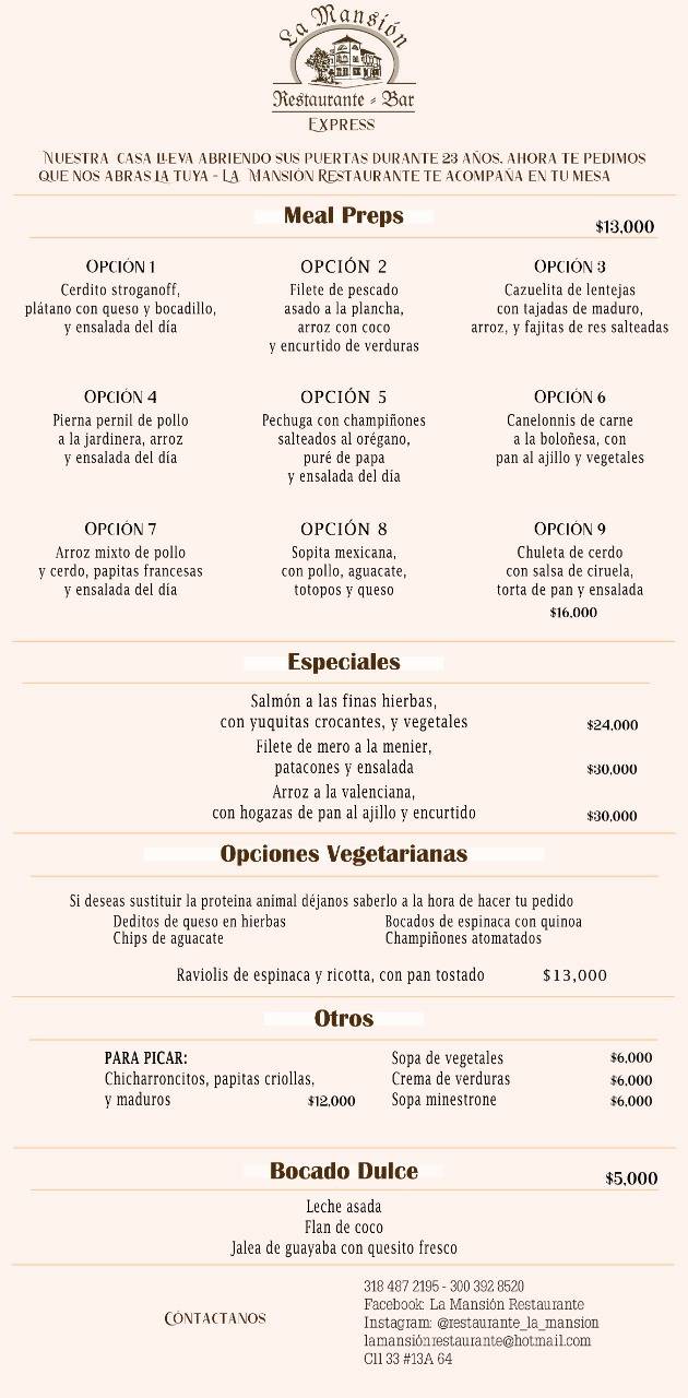 Carta de Restaurante La Mansión, Bogotá, Cl. 33 #13a-64