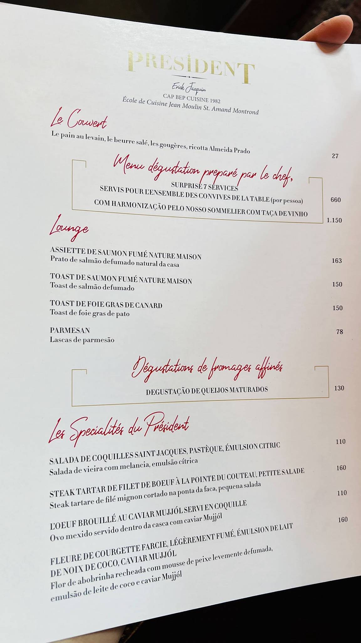 Menu em Restaurante Les Présidents - Erick Jacquin, São Paulo