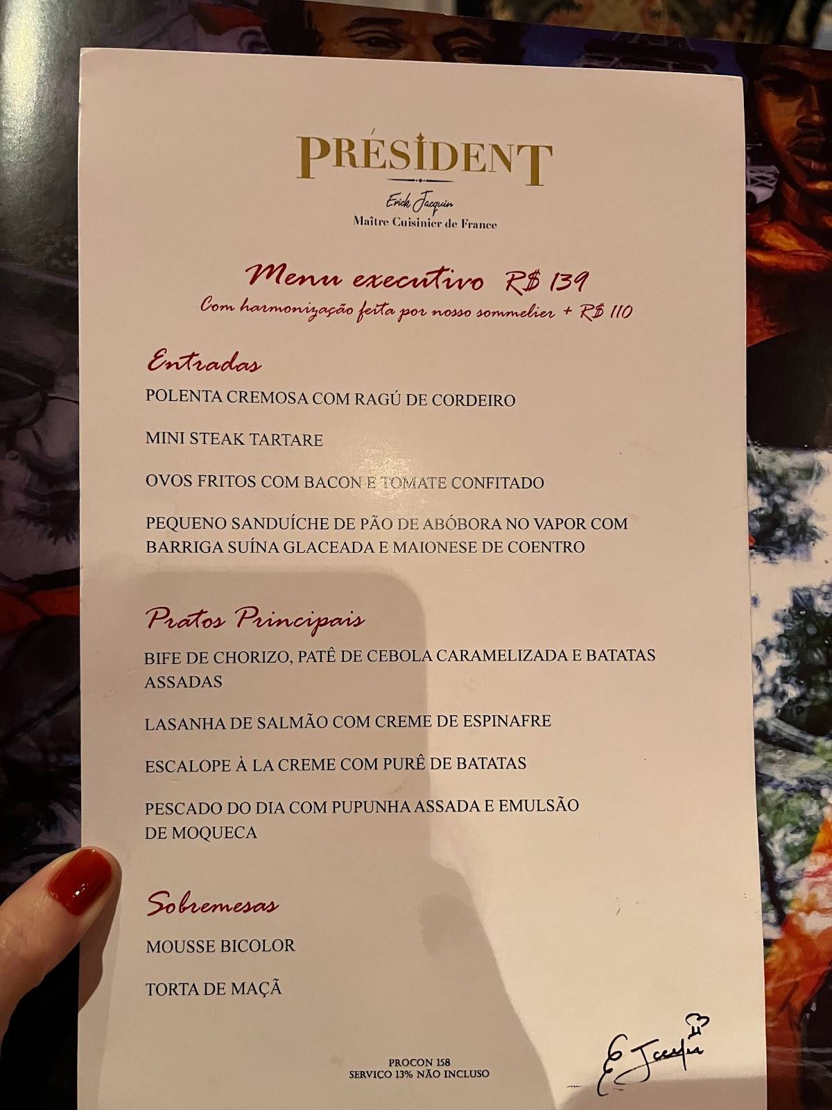 Menu em Restaurante Les Présidents - Erick Jacquin, São Paulo