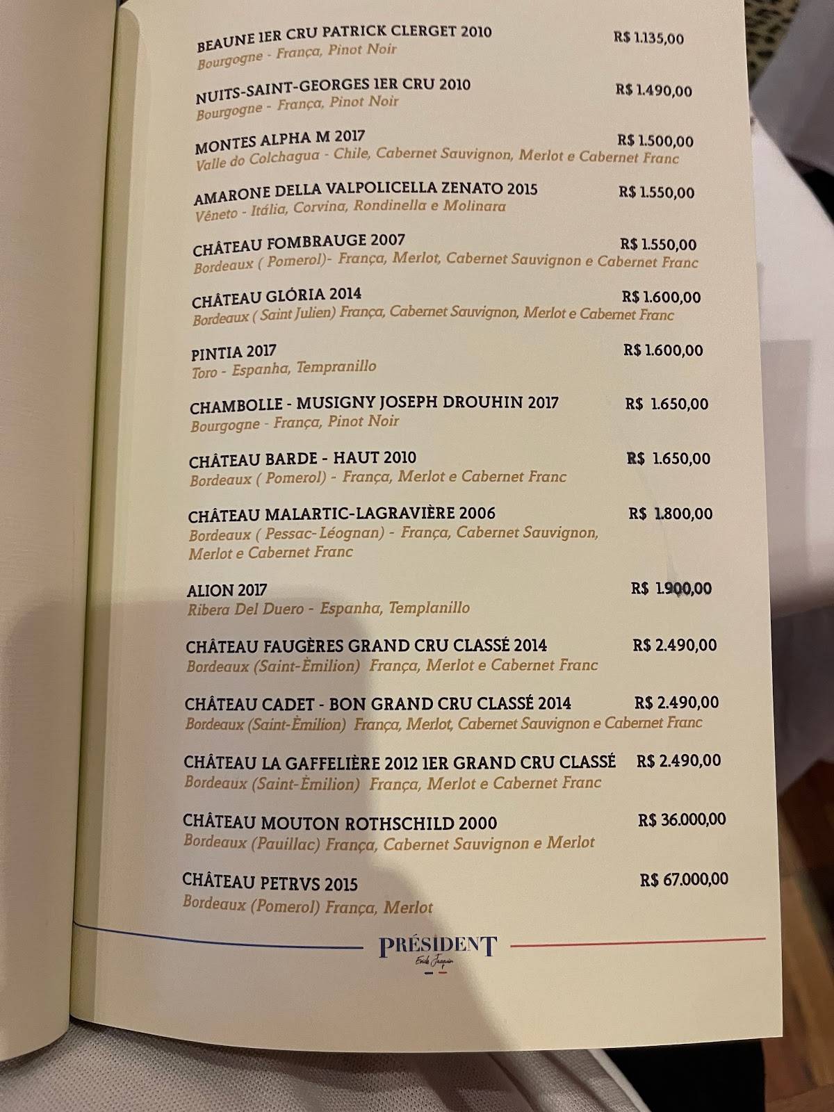 Menu em Restaurante Les Présidents - Erick Jacquin, São Paulo
