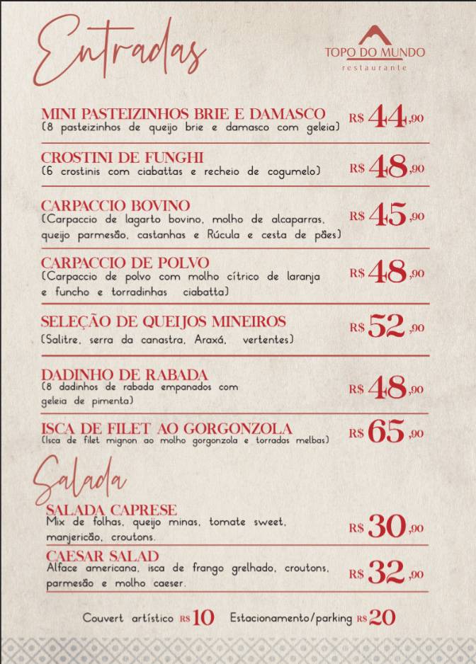 Menu em Restaurante Topo do Mundo, Nova Lima, R. Sen. Milton Campos