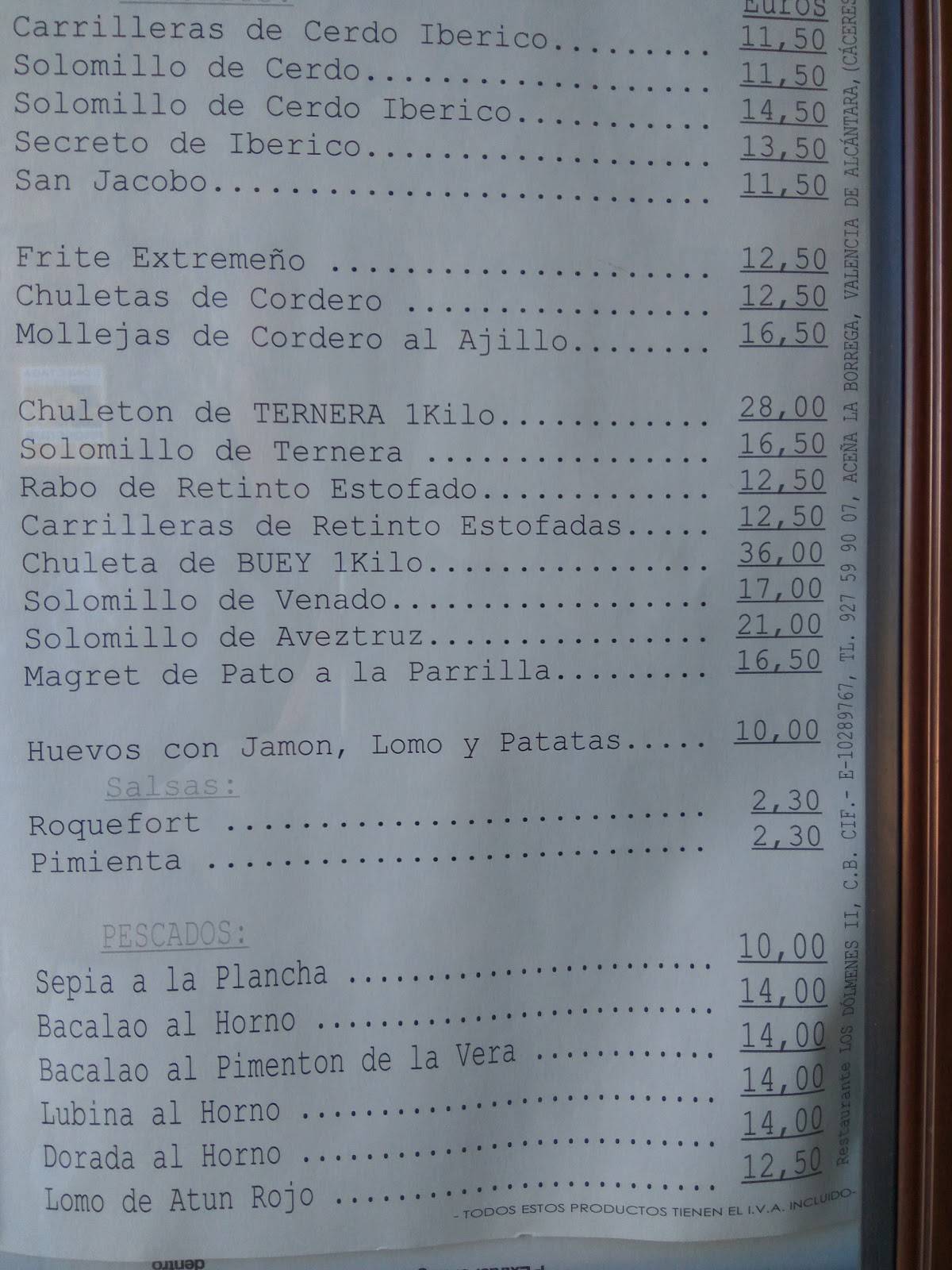 Menu at Restaurante los Dolmenes, La Aceña de la Borrega