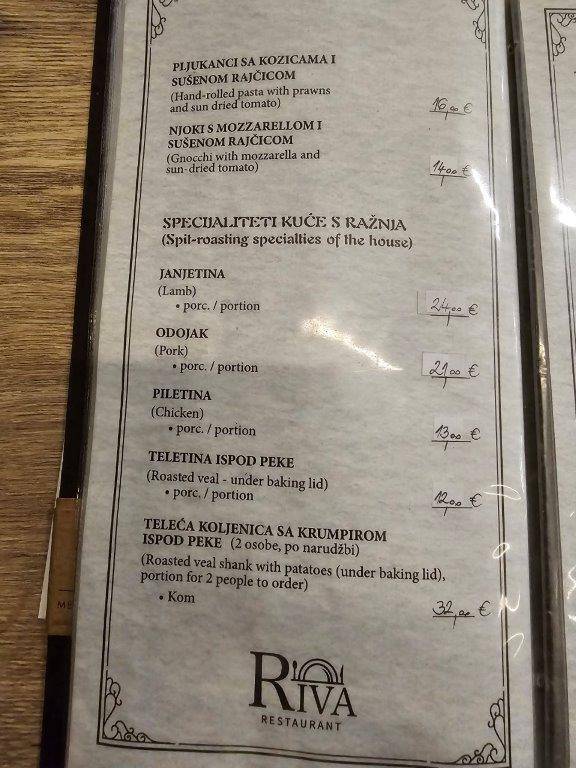 Menu at Restoran Riva restaurant, Zadar