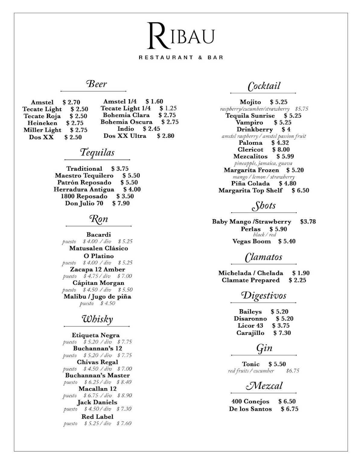 Menu at Ribau Restaurante & Bar, Piedras Negras