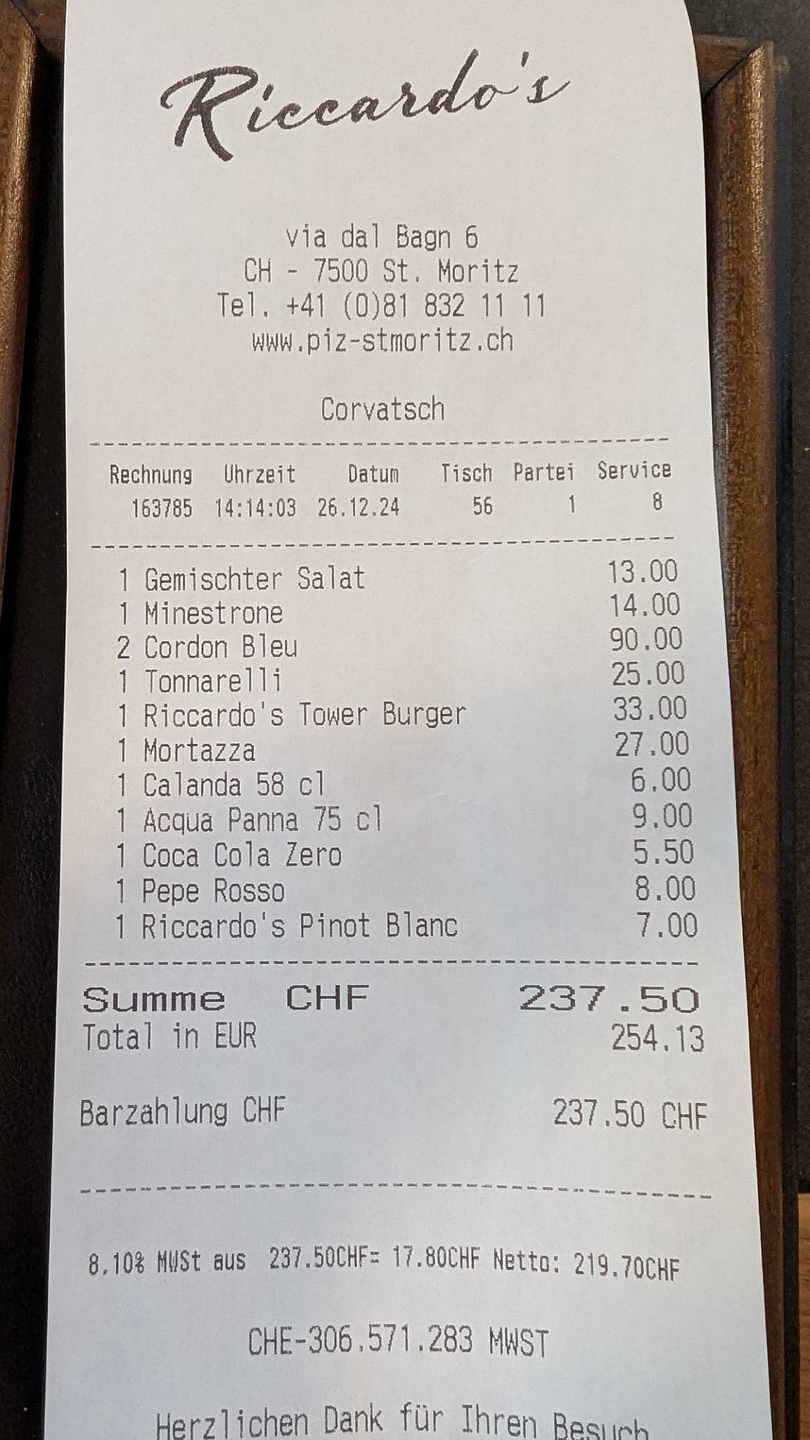 Speisekarte von Pizzeria Ristorante Riccardo’s St.Moritz, Sankt Moritz