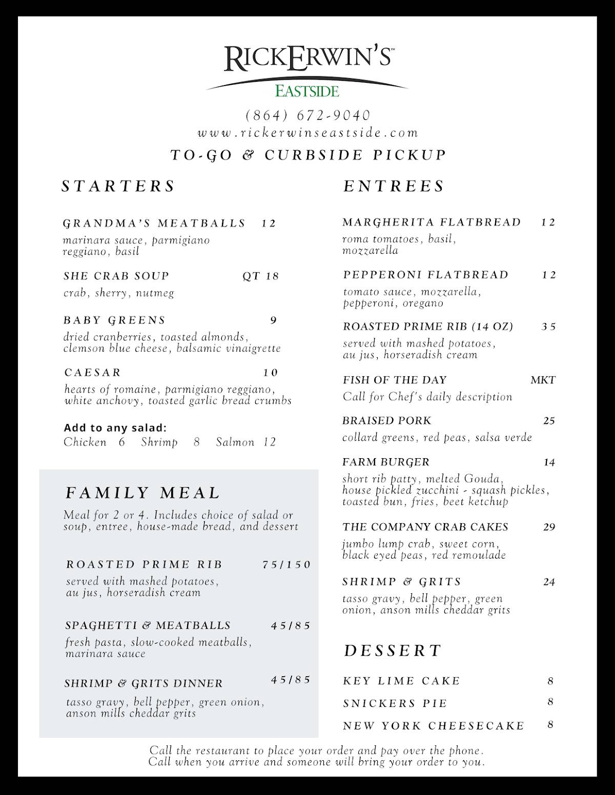 Menu at Rick Erwin's Eastside steakhouse, Greer