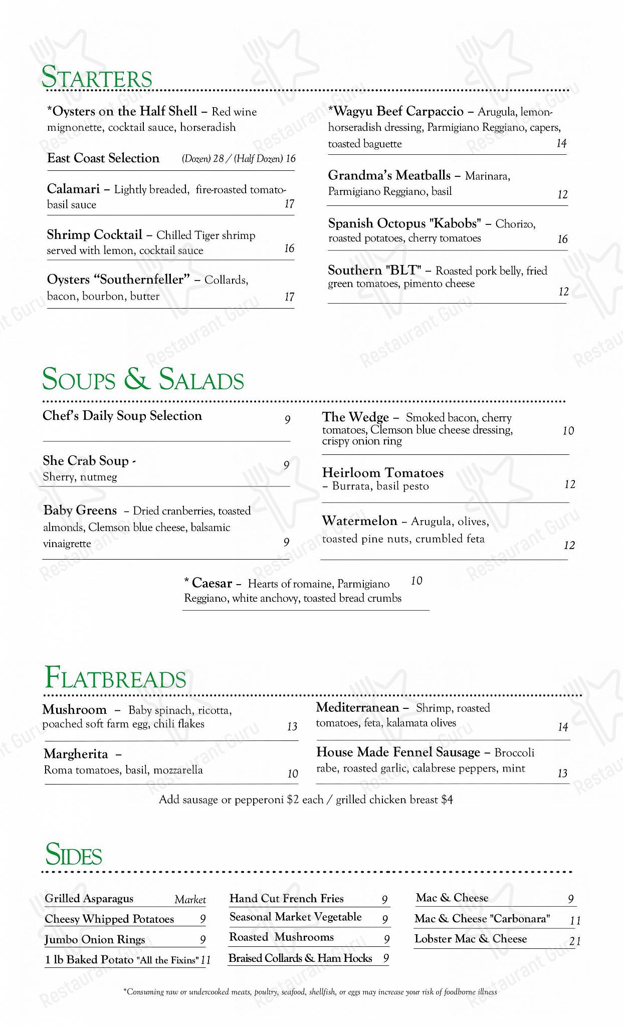 Menu at Rick Erwin's Eastside steakhouse, Greer