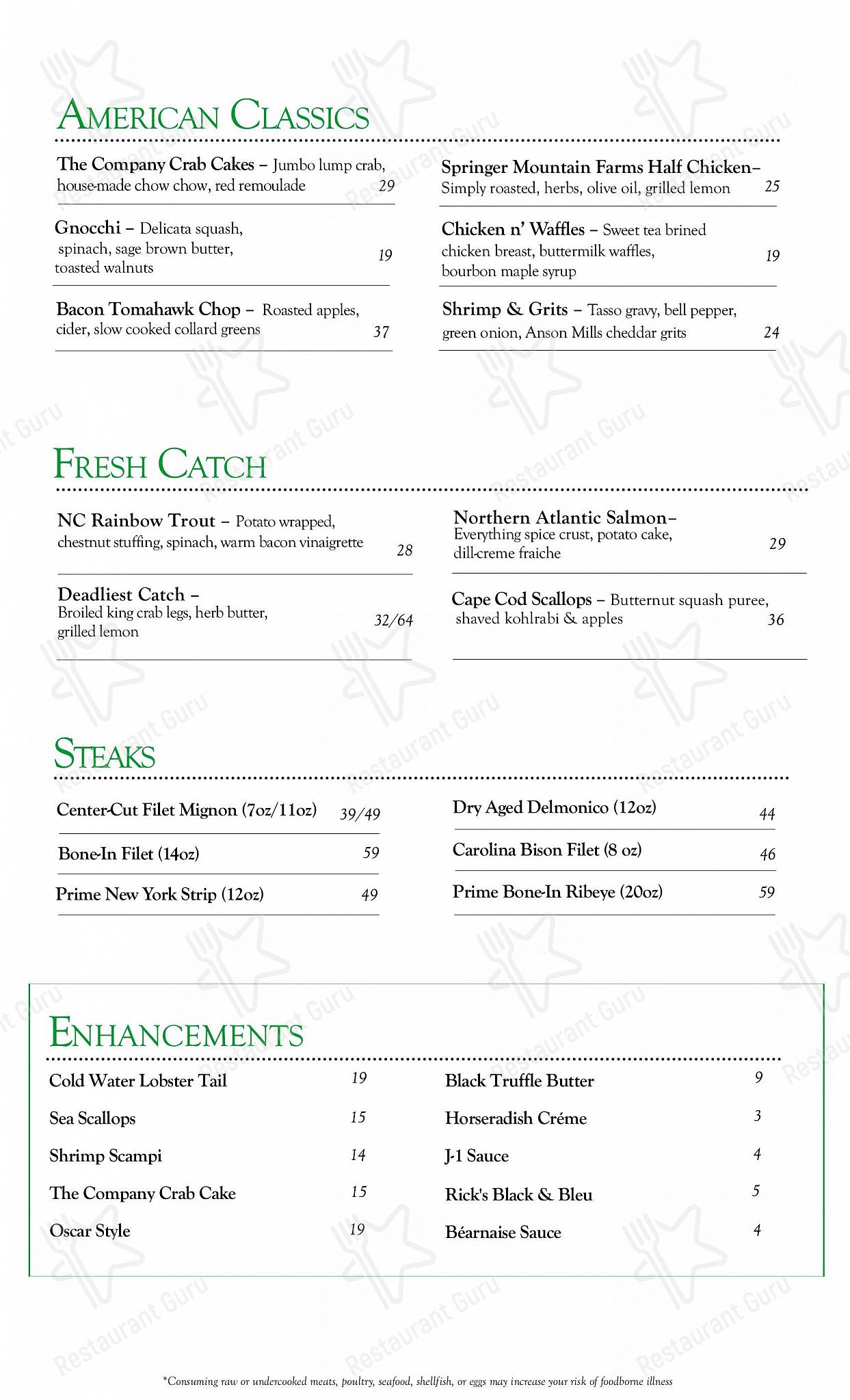 Menu at Rick Erwin's Eastside steakhouse, Greer