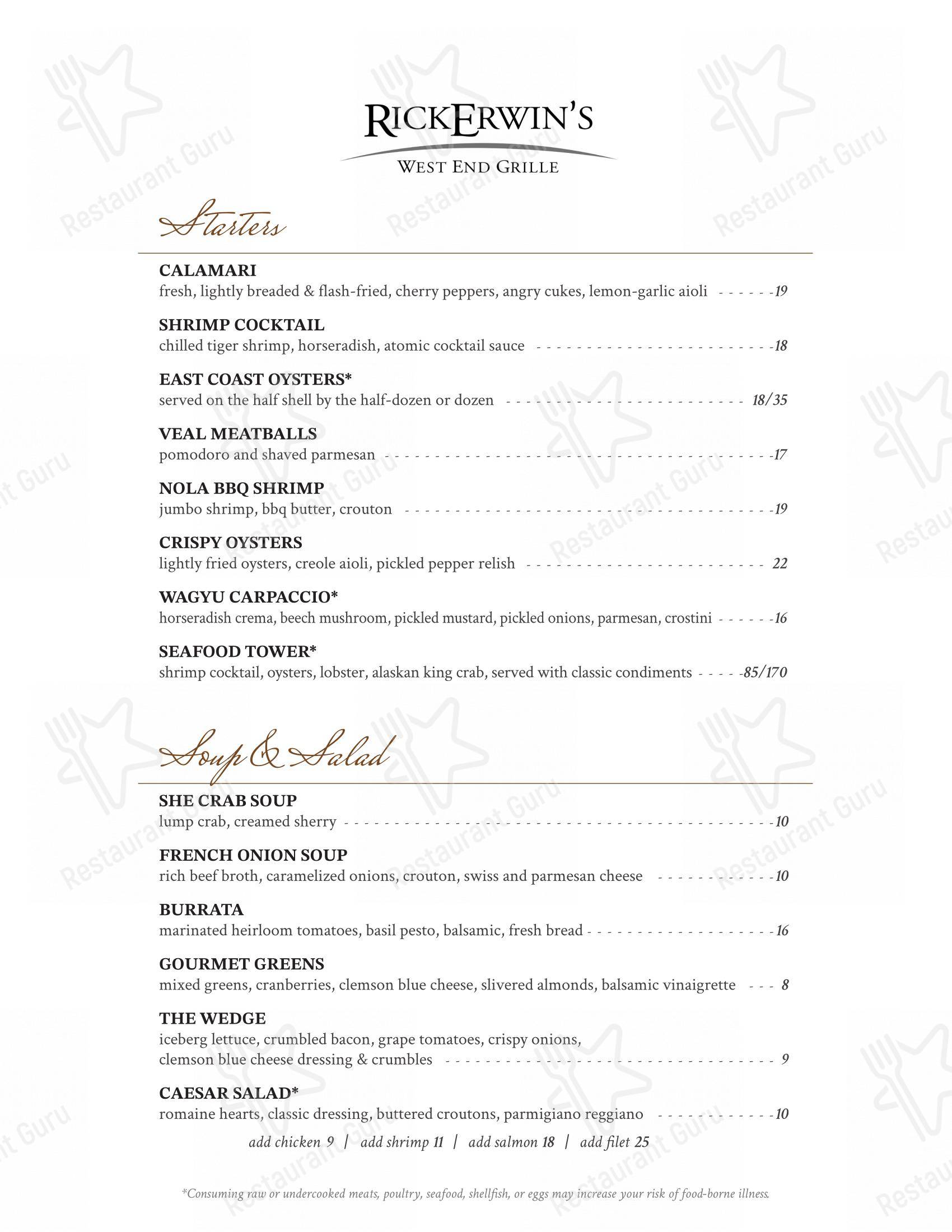 Menu at Rick Erwin's West End Grille pub & bar, Greenville